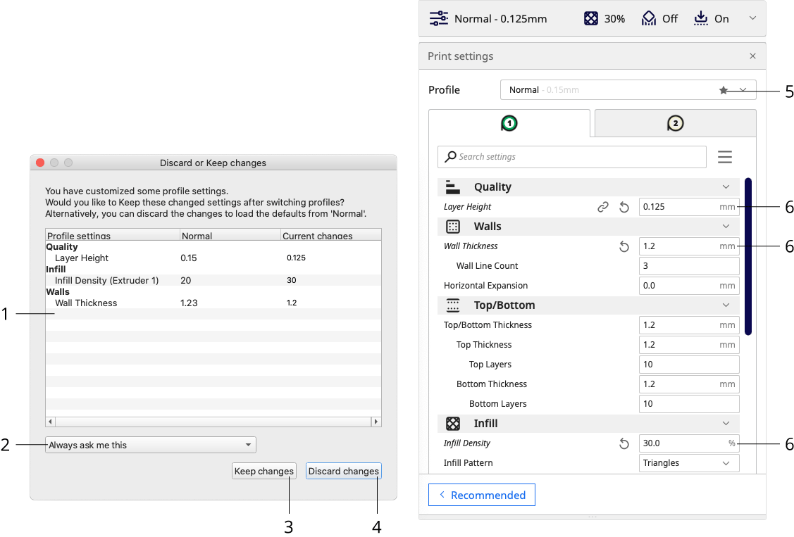 Switching print profiles with unsaved changes