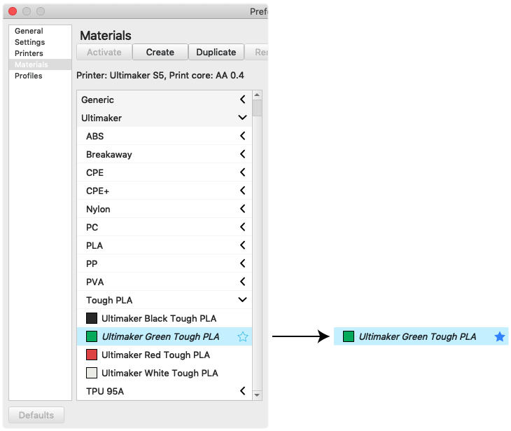 How to favorite a material in UltiMaker Cura